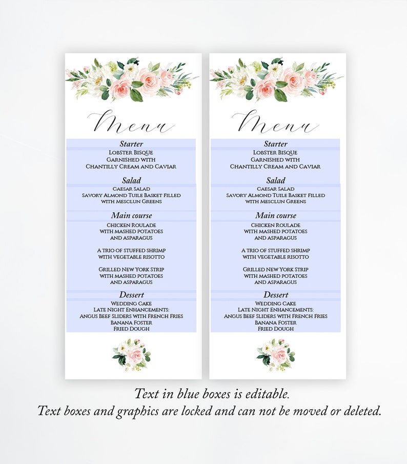 Menu Printable Floral Menu Card Template Floral Menu - Etsy
