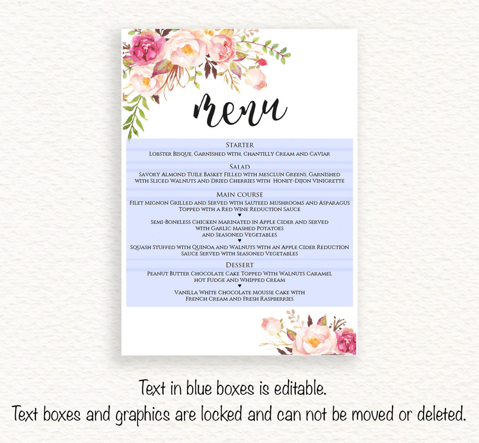 Menu Printable Template Wedding Menu Card Wedding Menu | Etsy