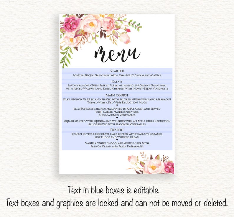 Menu Printable Template Wedding Menu Card Wedding Menu | Etsy
