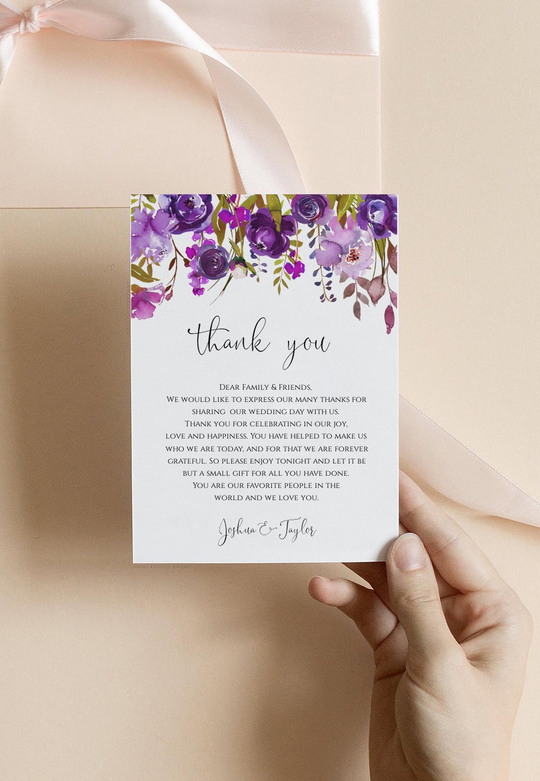 Purple Thank You Letter Template, Wedding Reception Thank You Note ...