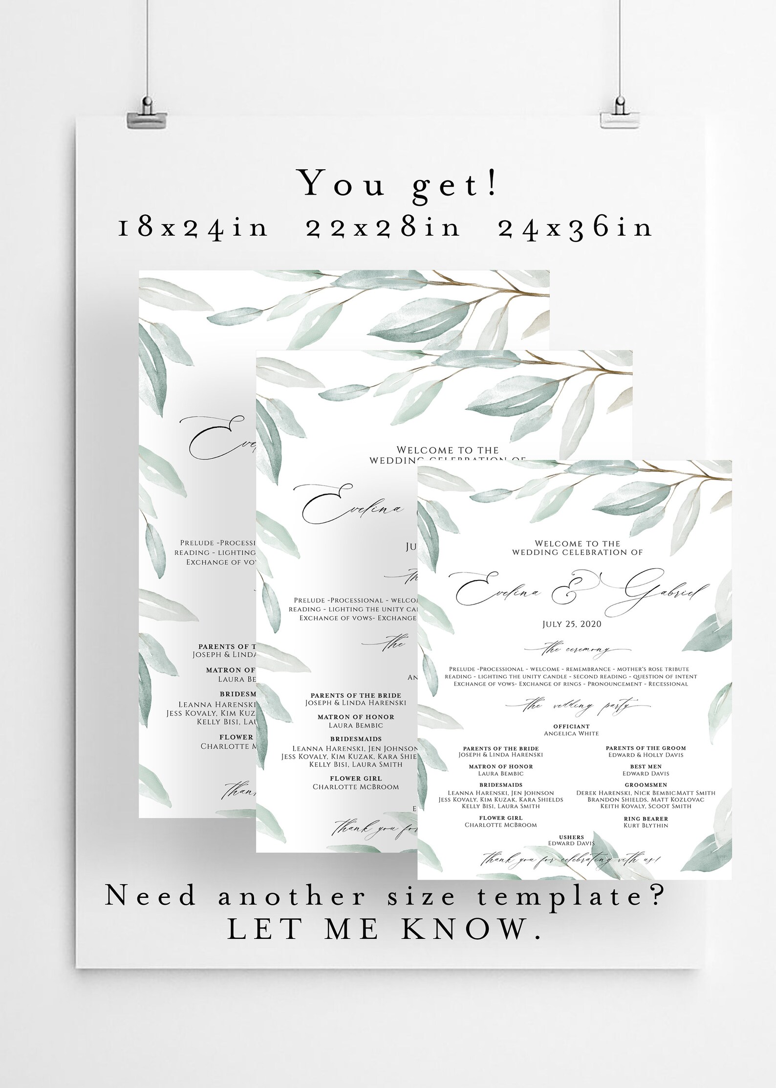 Green Program Poster template Wedding Program Board Template | Etsy