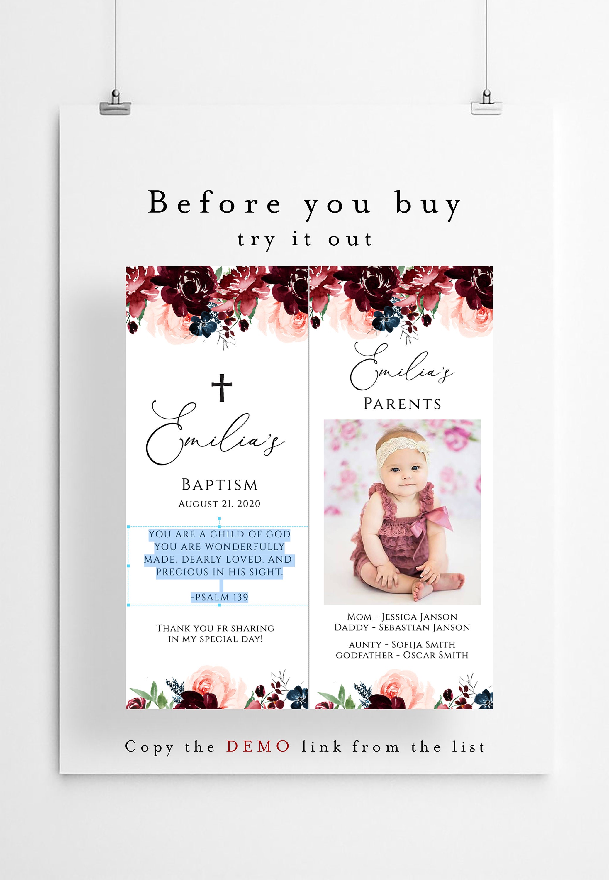 Navy Baptism Bookmark Template Bookmark Baptism Favor Girl - Etsy