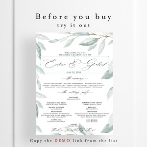 Green Program Poster Template Wedding Program Board Template - Etsy