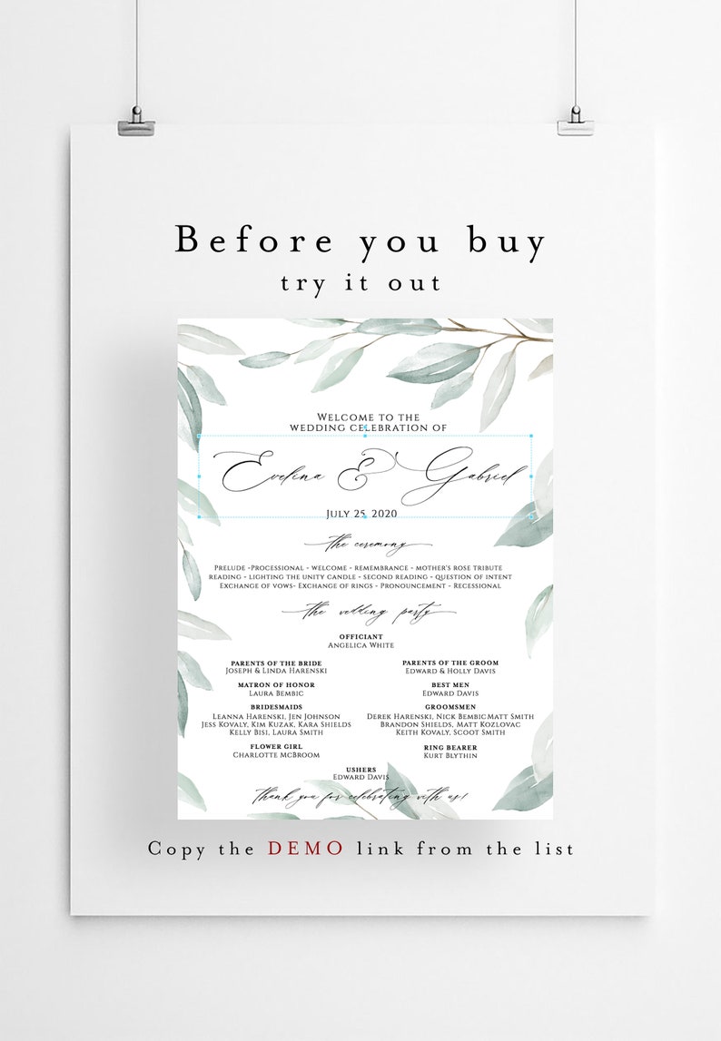 Green Program Poster template Wedding Program Board Template | Etsy