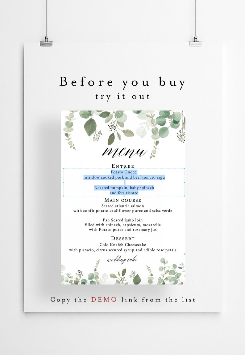 Botanical Menu Template Greenery DIY Menu Card Template - Etsy