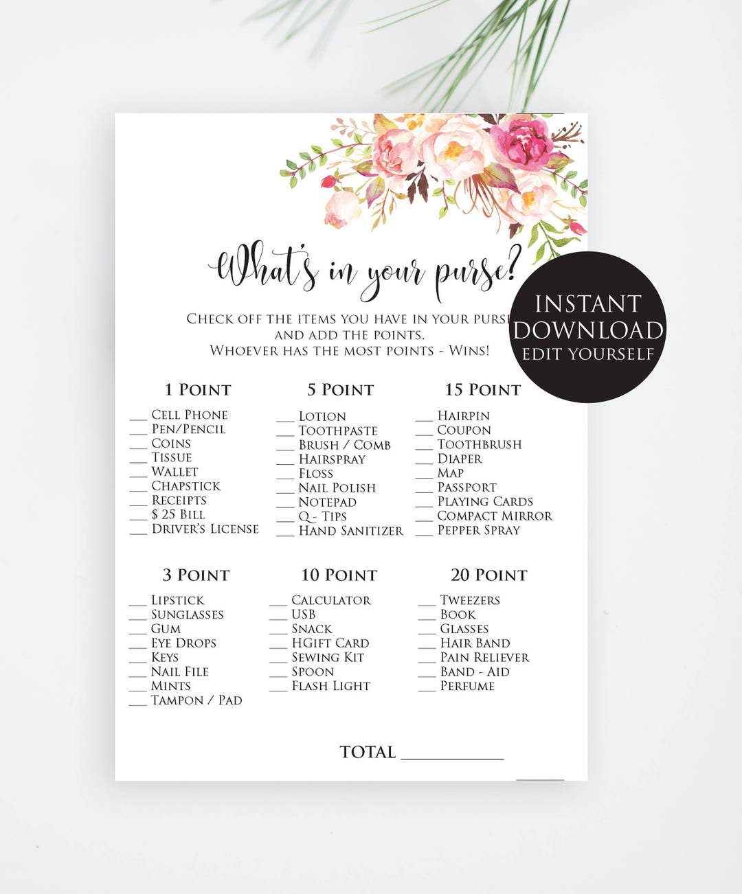What's in Your Purse Game, Bridal Shower Purse Game,garden Whats in ...