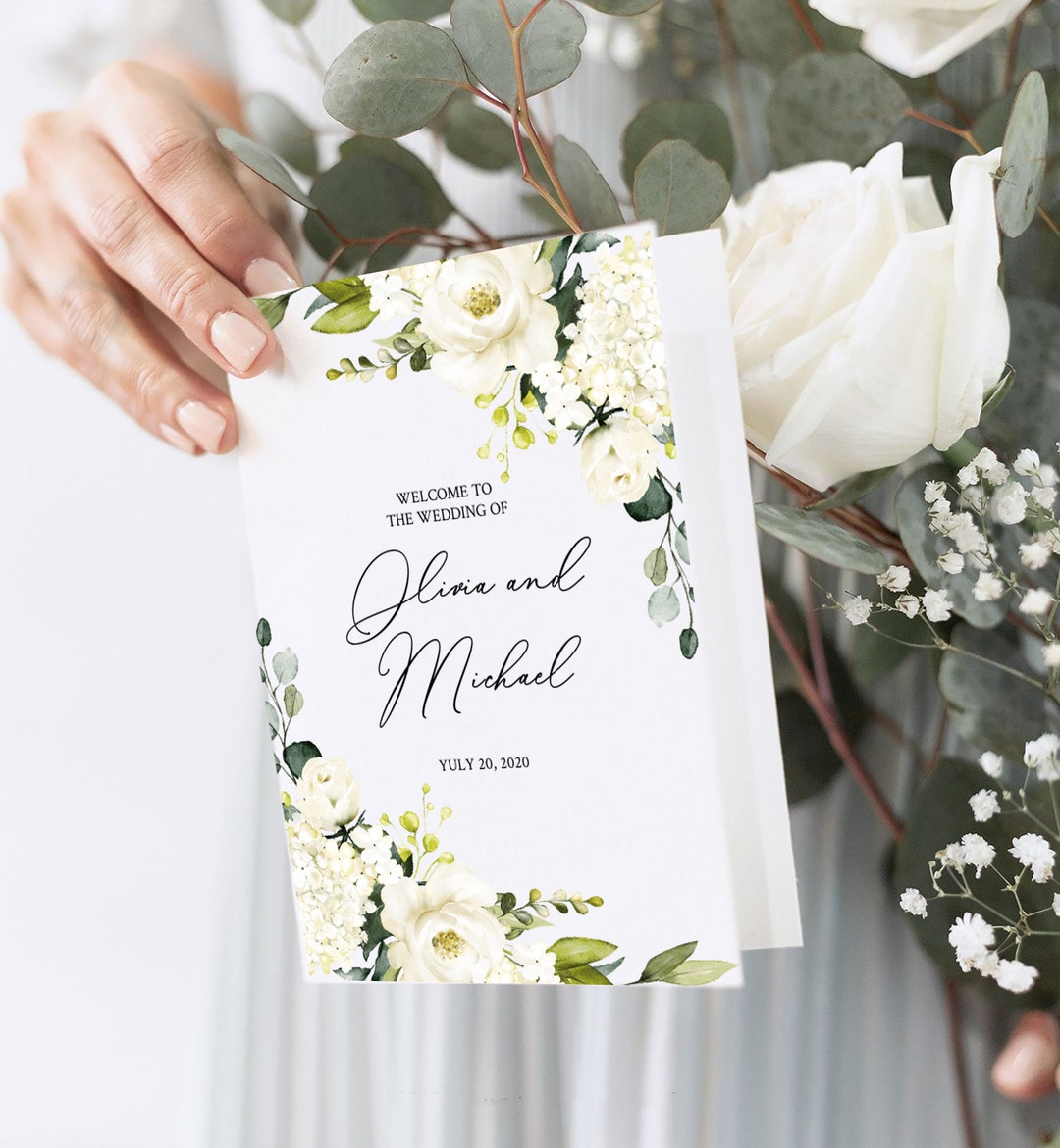 Folded Program Template, Order of Service Wedding Template, White Rose ...