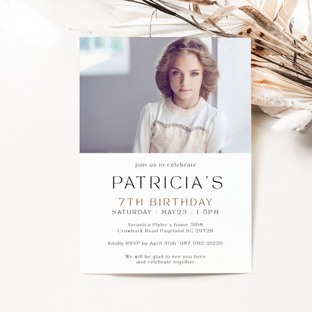 7th Birthday Invitation With Photo, Invite With Photo, Simple Birthday ...