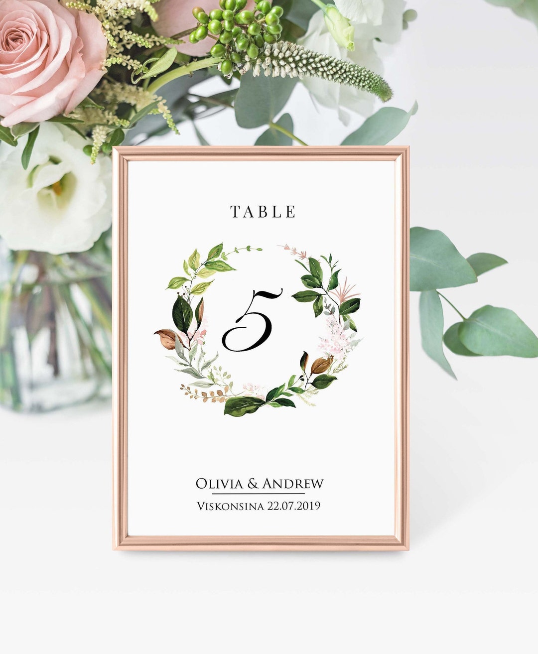 GREEN Table Number Card Template, Boho Wedding Table Number Card ...