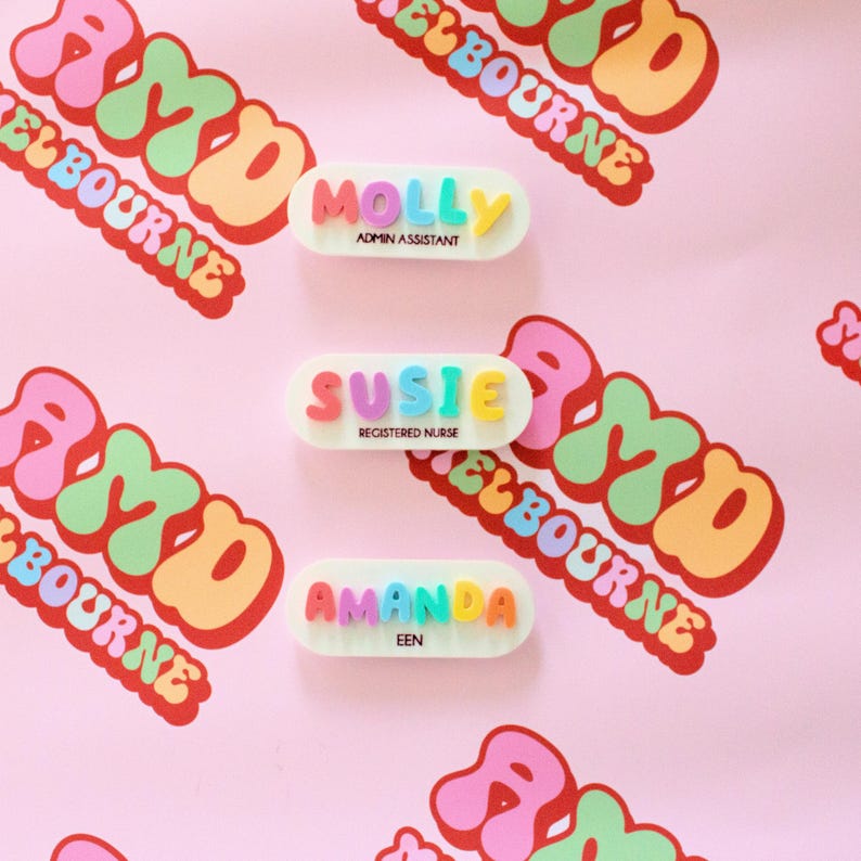 Personalised Rainbow Letters Bubble Font Name Badges Nursing Badge ...