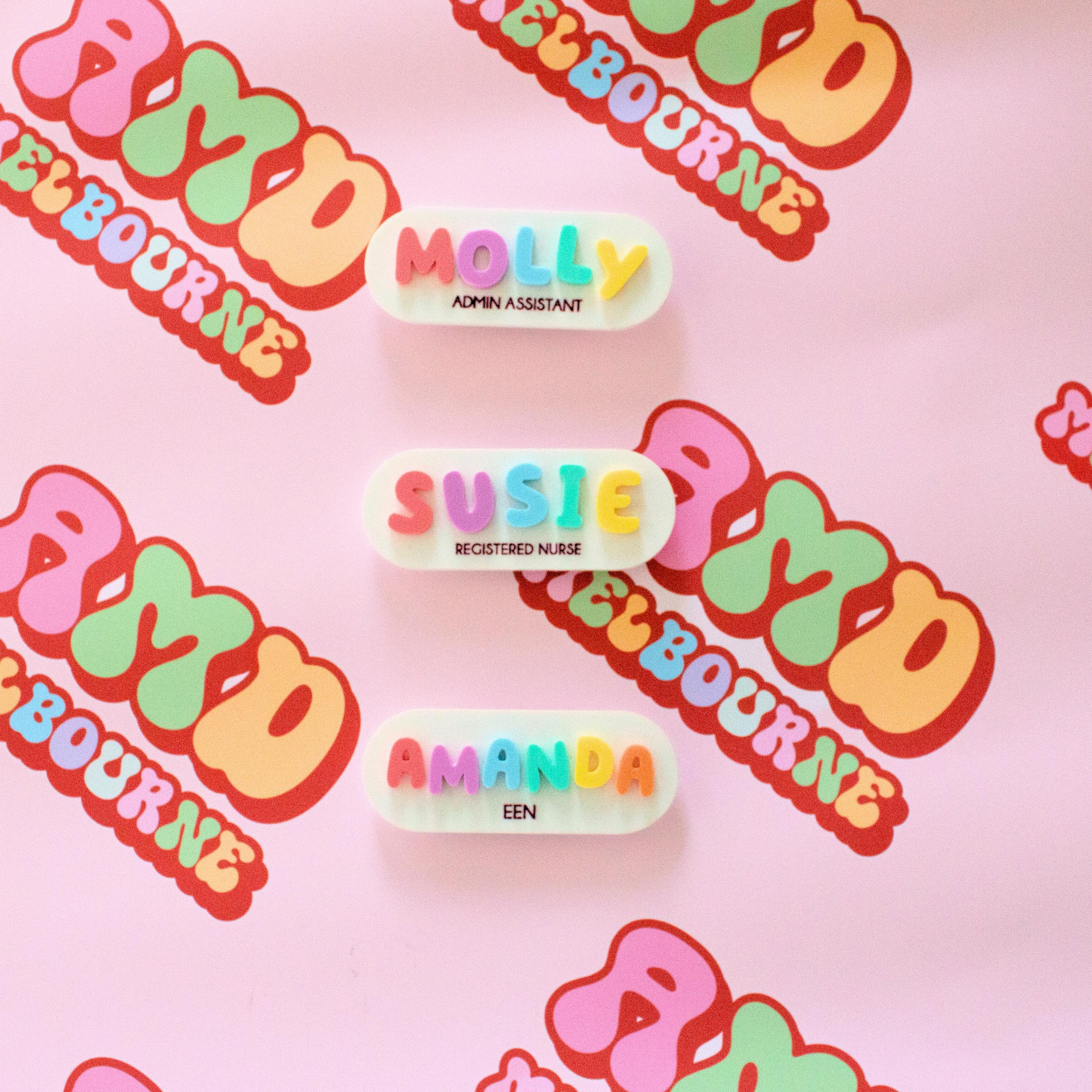 Personalised Rainbow Letters Bubble Font Name Badges Nursing Badge ...