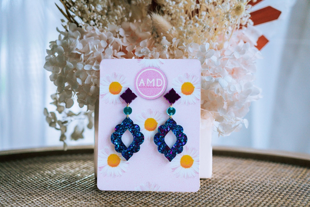 Blue Azul Gem Arabian Look Inspired Geometric Dangle Acrylic Earrings ...