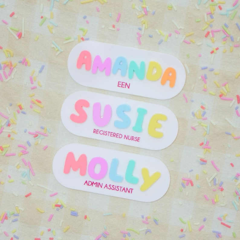 Personalised Rainbow Letters Bubble Font Name Badges Nursing Badge ...