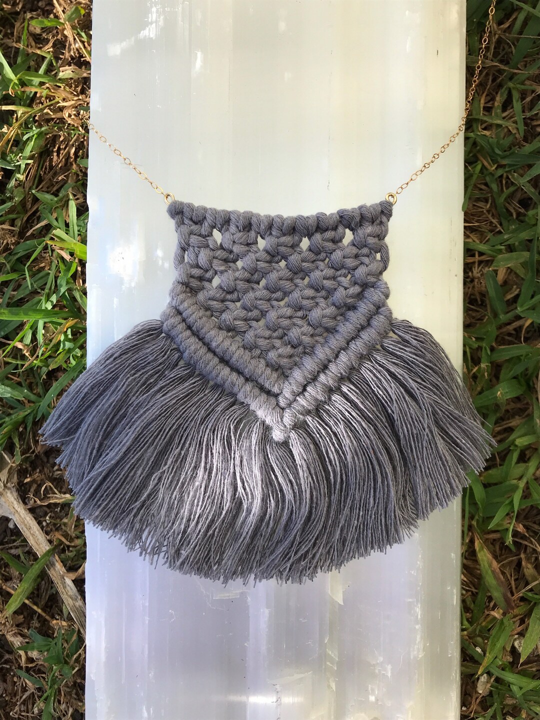 Modern Macrame Bohemian Necklace // Wearable Art // Pewter Gray Macrame ...