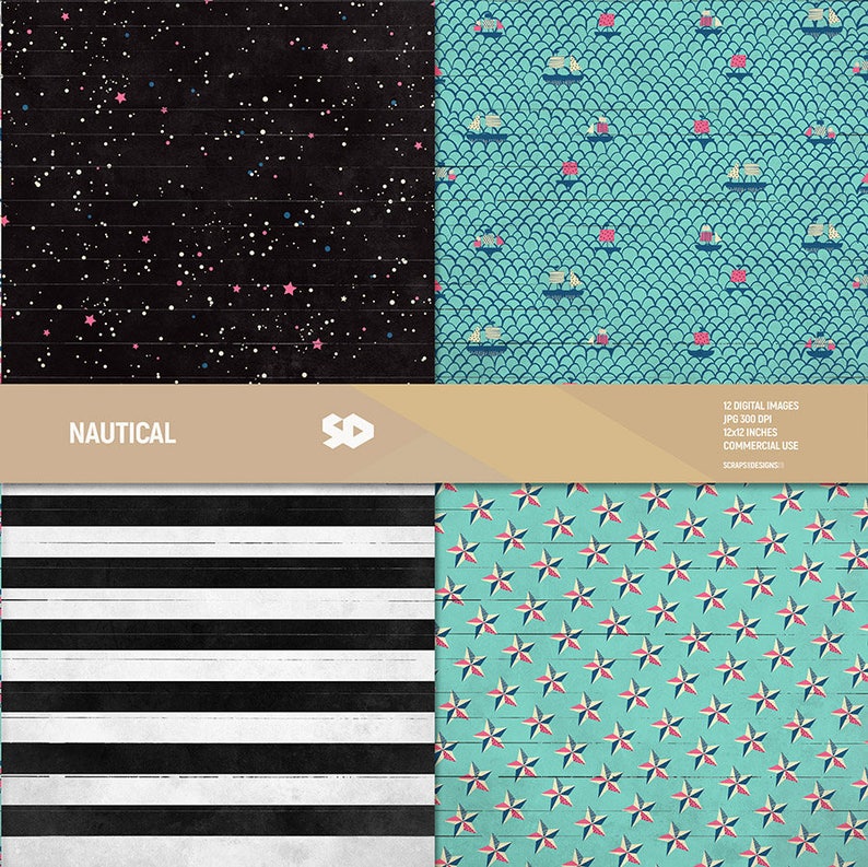 Nautical Digital Scrapbooking Paper Pack, Sea Paper Set, Navy Printable ...