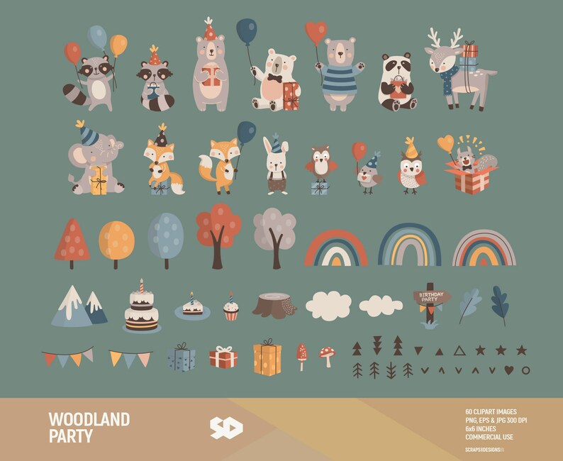 Woodland Party Clipart, Forest Clip Art, Birthday Animals, Fox Owl Deer ...