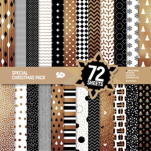 72 Christmas Digital Paper Pack. Black White and Gold Xmas Scrapbooking ...
