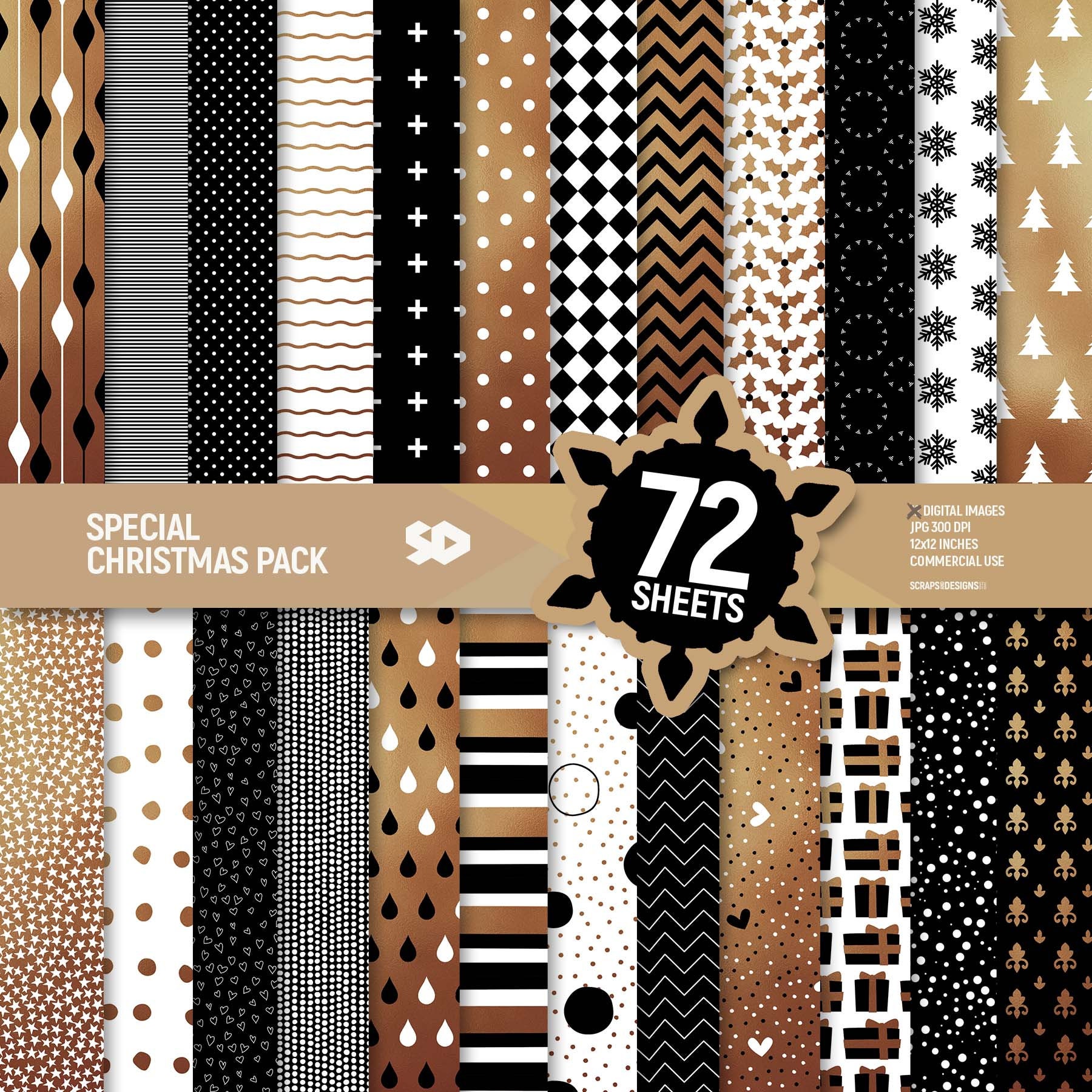 72 Christmas Digital Paper Pack. Black White and Gold Xmas - Etsy
