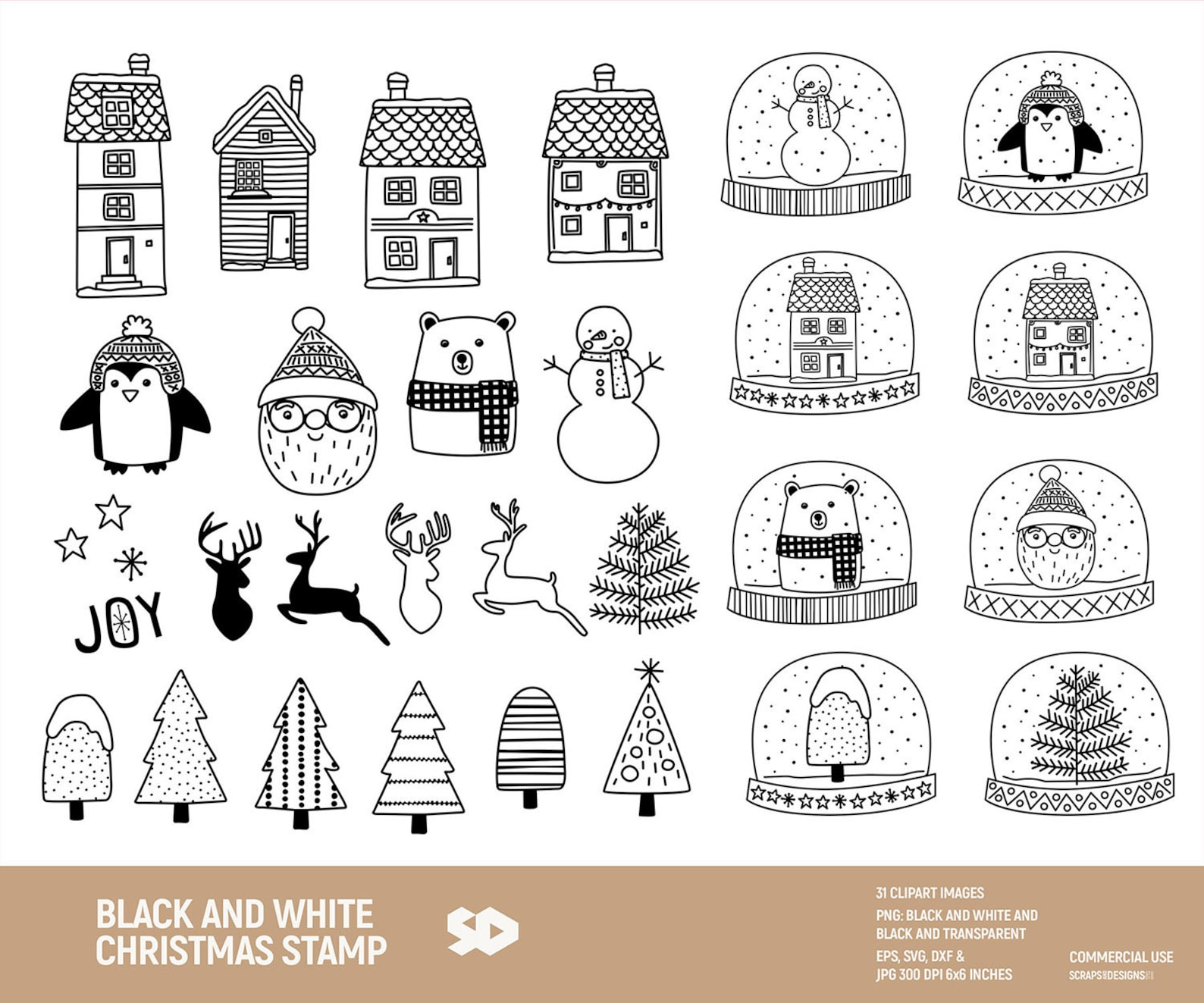 Black and White Christmas Clipart Bundle Santa Clip Art - Etsy