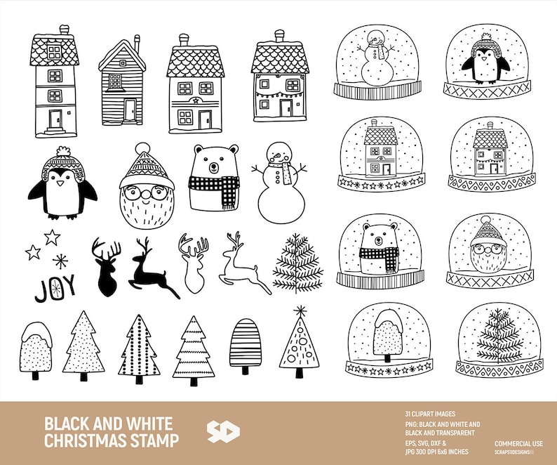 Black and White Christmas Clipart Bundle, Santa Clip Art, Christmas ...