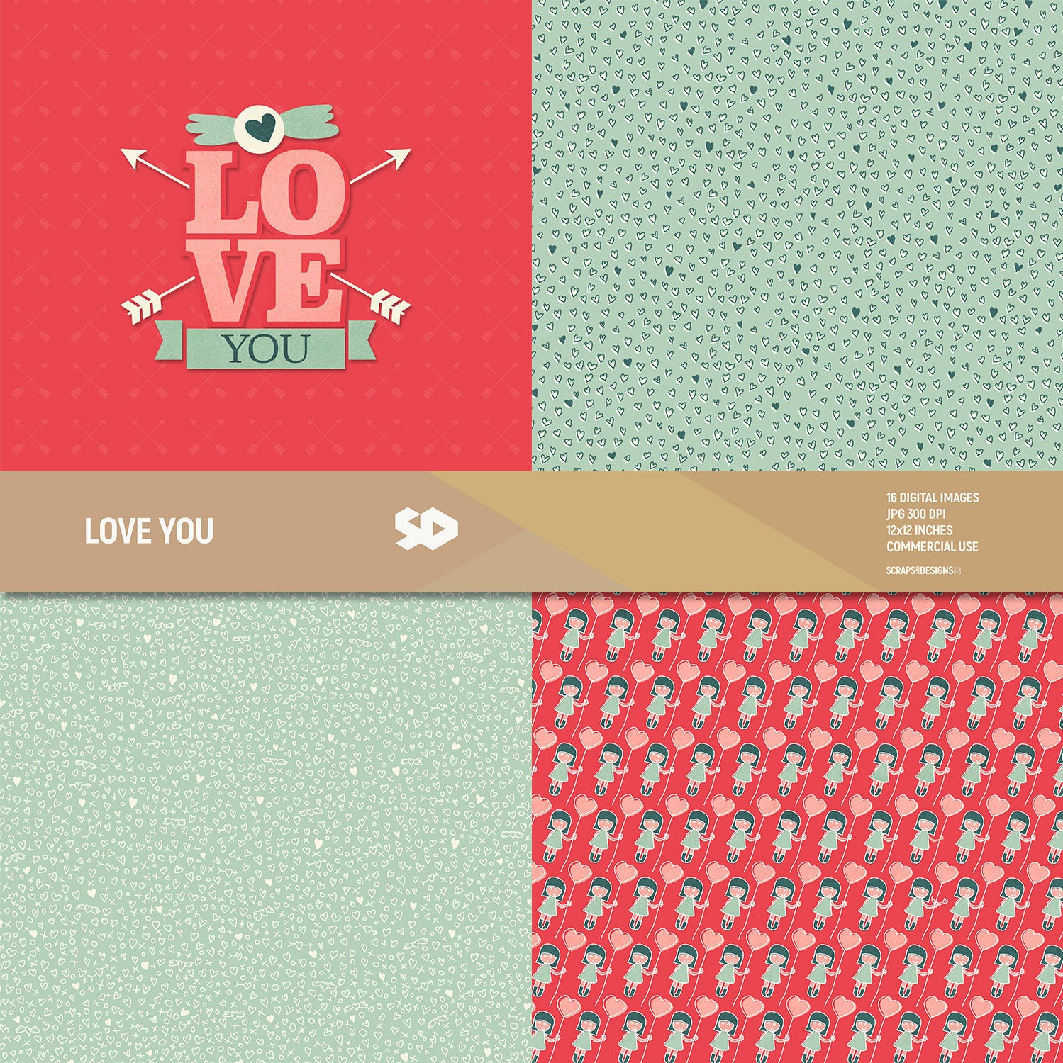 Love you digital paper pack valentine scrapbook pages | Etsy