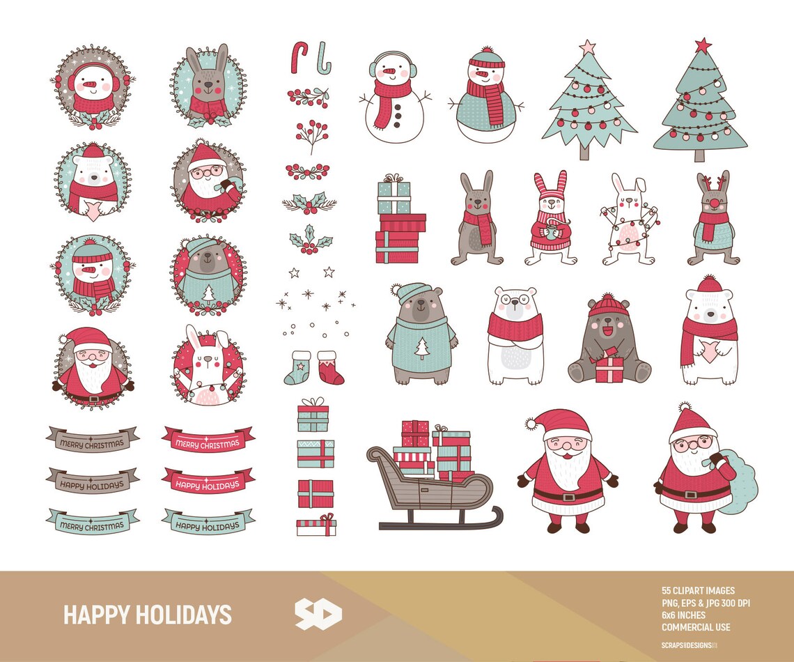 Happy Holidays Clipart Santa Clip Art Christmas Clipart - Etsy