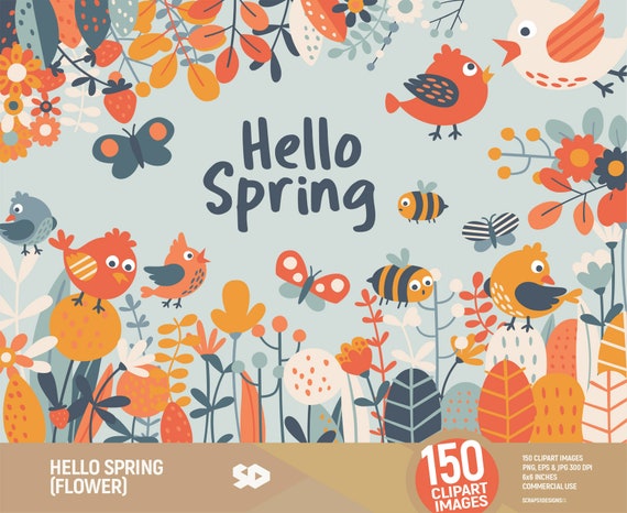 Hello Spring flower Clipart Floral Clip Art Birds - Etsy