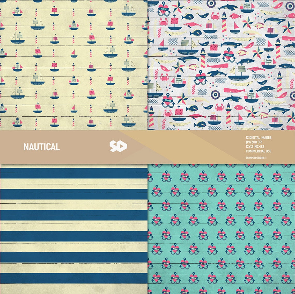 Nautical Digital Scrapbooking Paper Pack Sea paper set Navy | Etsy