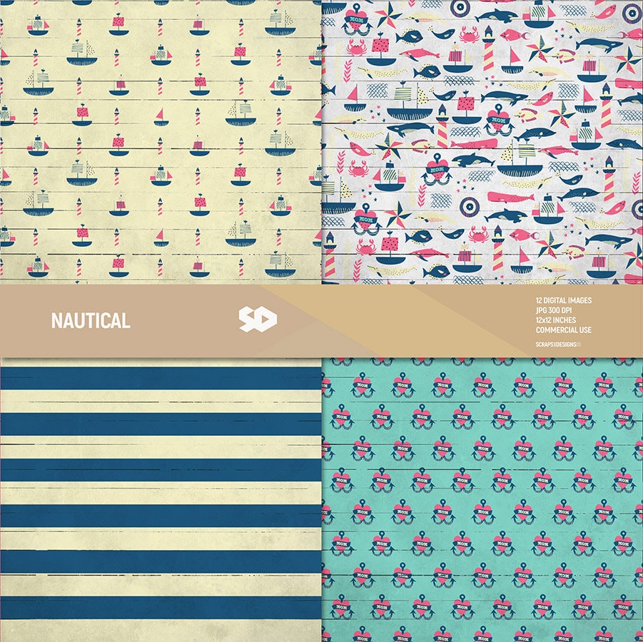 Nautical Digital Scrapbooking Paper Pack Sea Paper Set Navy - Etsy