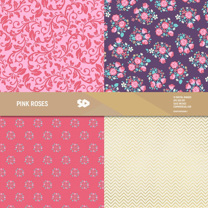 Pink Roses Digital Paper Pack, Flowers Scrapbook Pages, Floral Patterns ...
