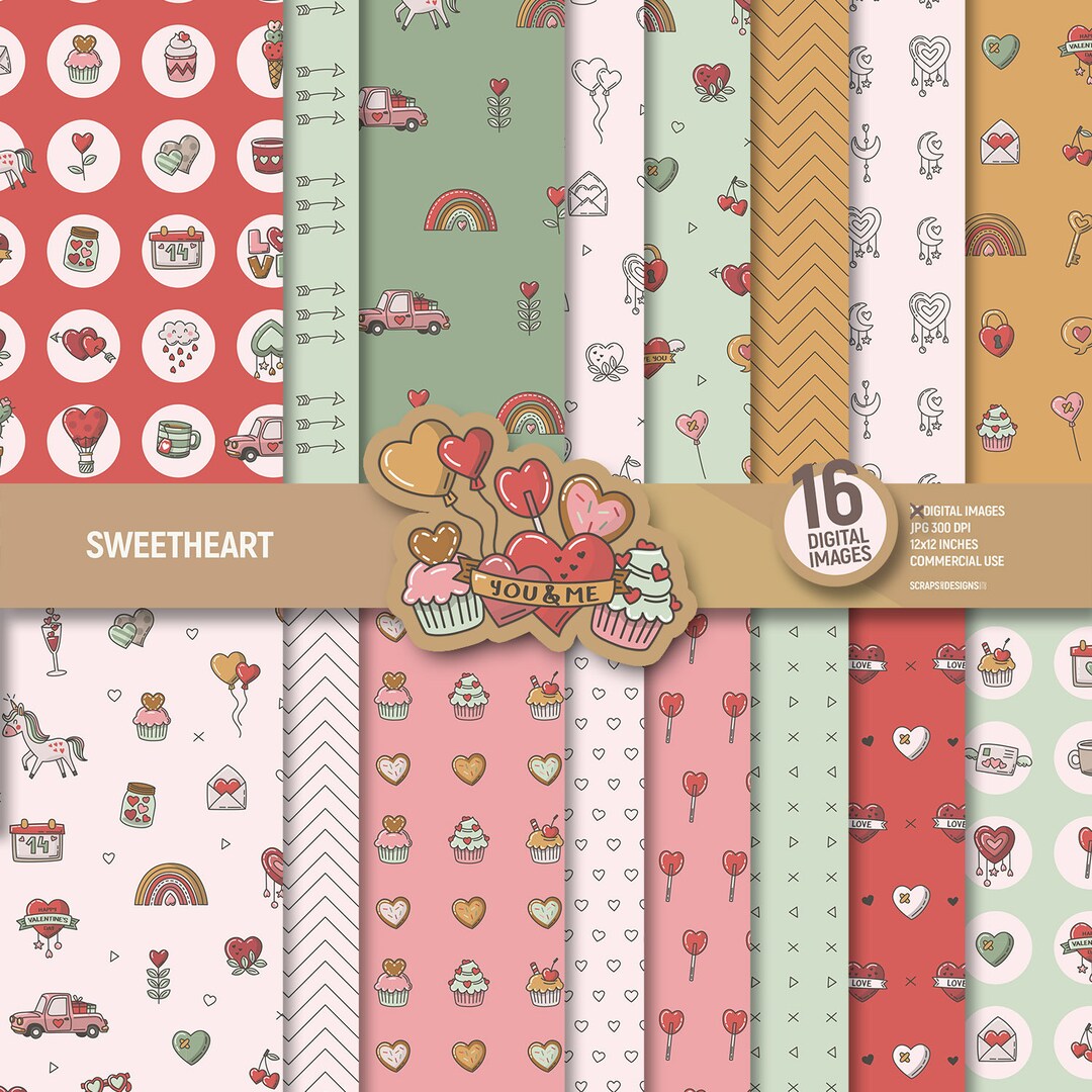 Sweetheart Digital Paper Pack, Valentine Scrapbook Pages, Valentine's ...