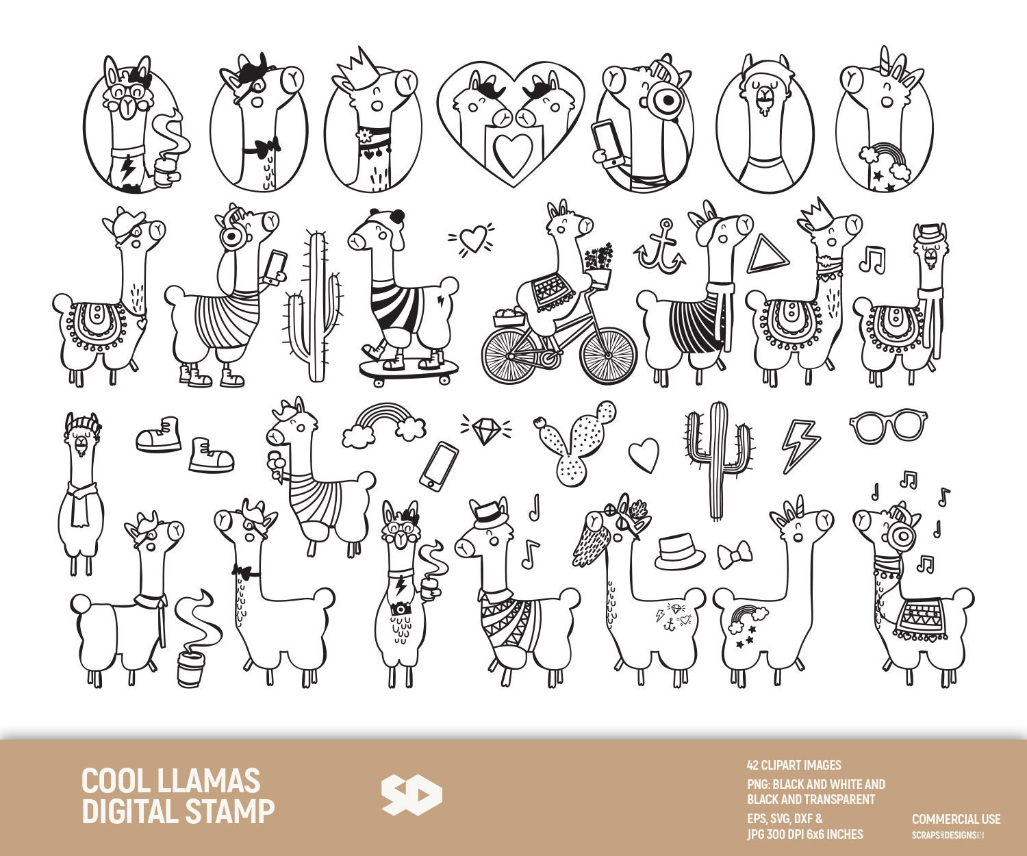 Cool llama clipart bundle cactus clip art alpaca digital | Etsy