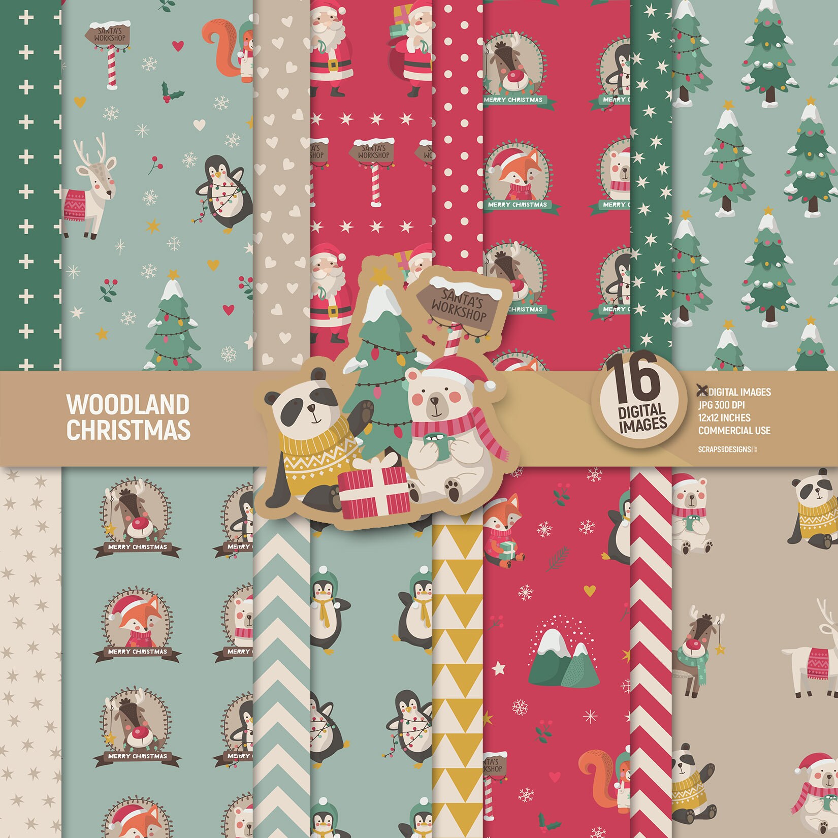 Woodland Christmas Digital Paper, Santa Scrapbook Pages, Animals Xmas ...