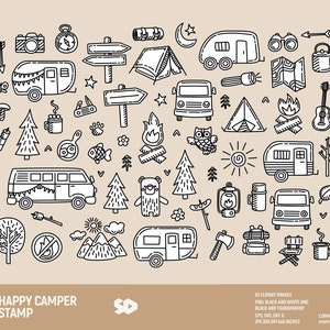 Happy Camper Clipart Bundle, Camping Clip Art, Travel Digital Stamp ...