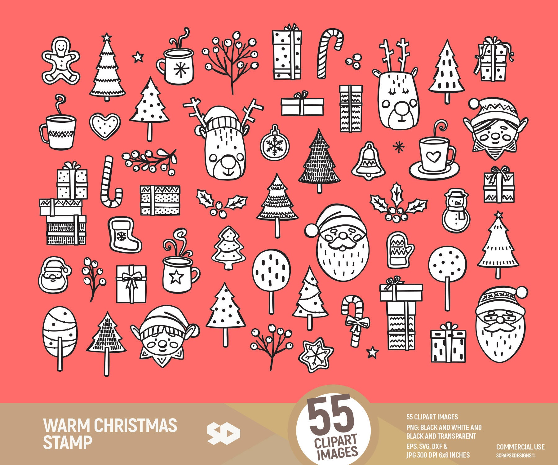 Warm Christmas Clipart Bundle, Santa Clip Art, Xmas Digital Stamp. Tree ...