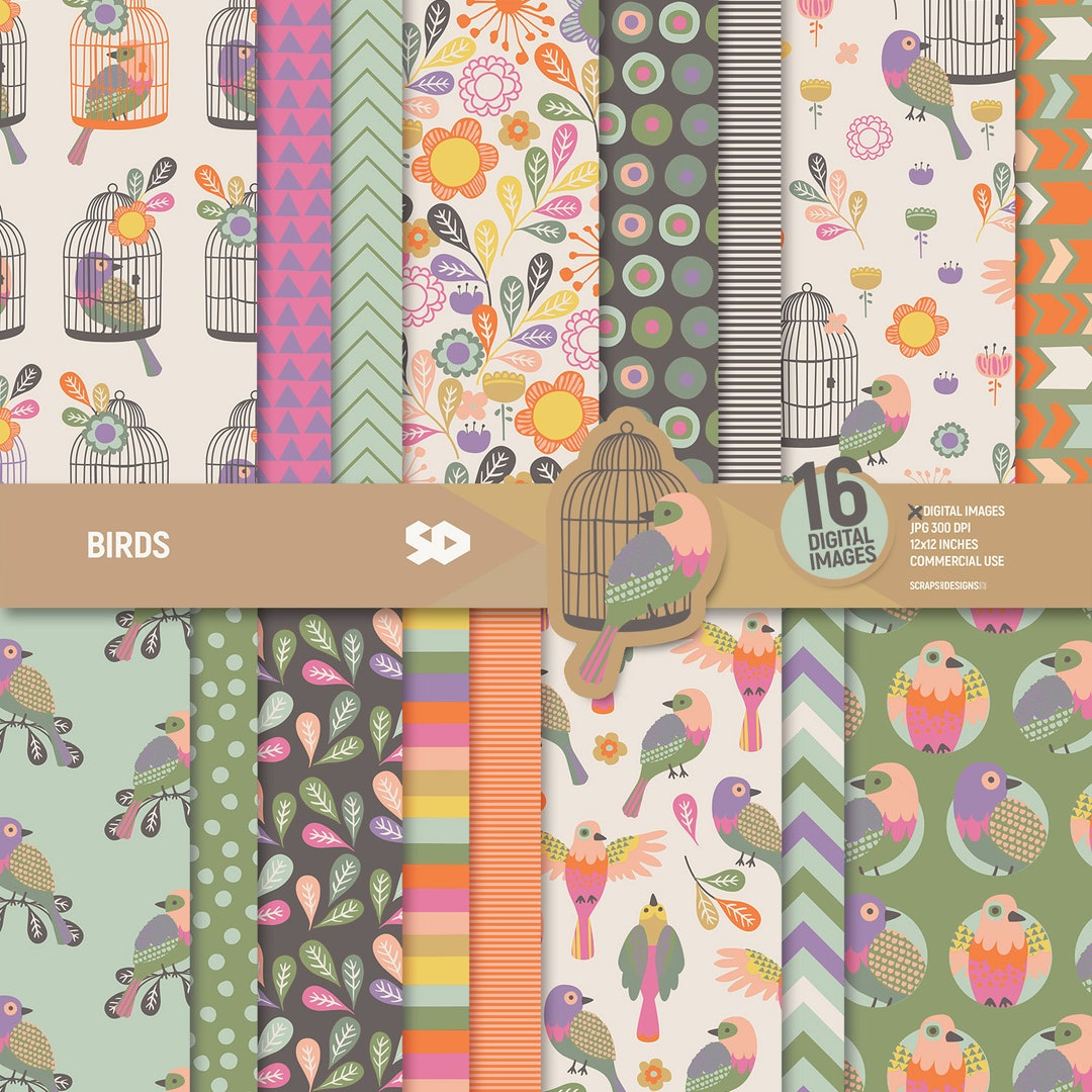 Birds Digital Paper Pack, Bird Cages Scrapbook Pages, Floral Pattern ...