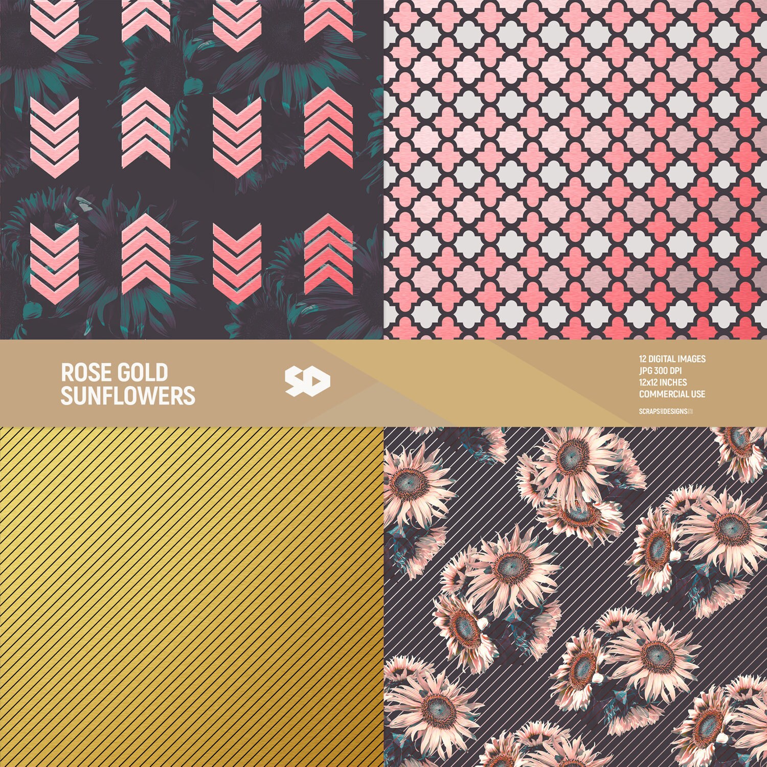 Rose Gold Sunflowers Digital Paper Pack Scrapbook Paper - Etsy