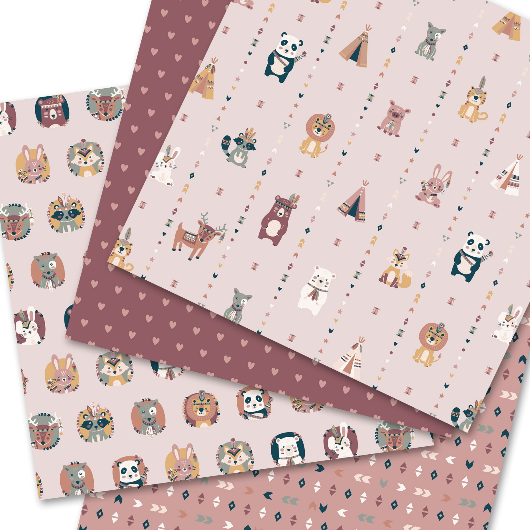 Boho Nursery Digital Paper Pack, Tribal Animal Scrapbook Pages, Feather ...