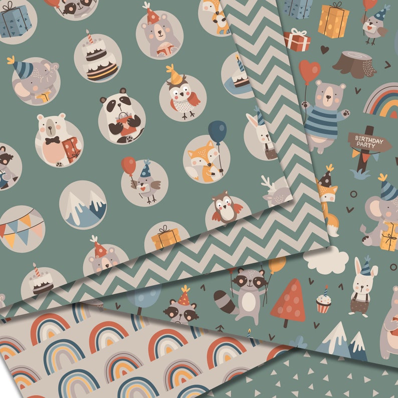 Woodland Party Digital Paper, Birthday Animals Scrapbook Pages, Forest ...