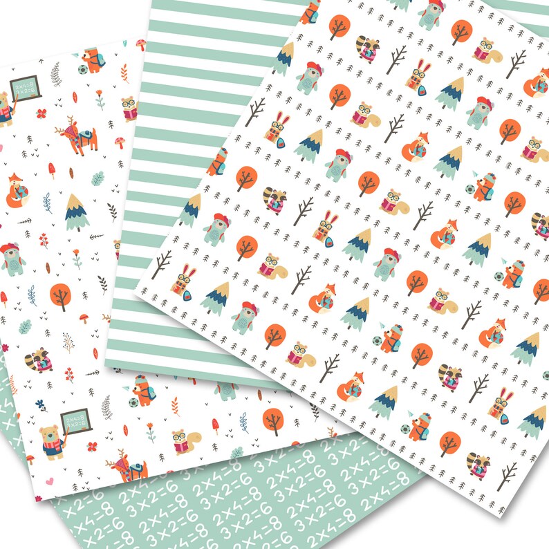 School Animals Digital Paper Pack, Woodland Scrapbook Pages, Kids ...