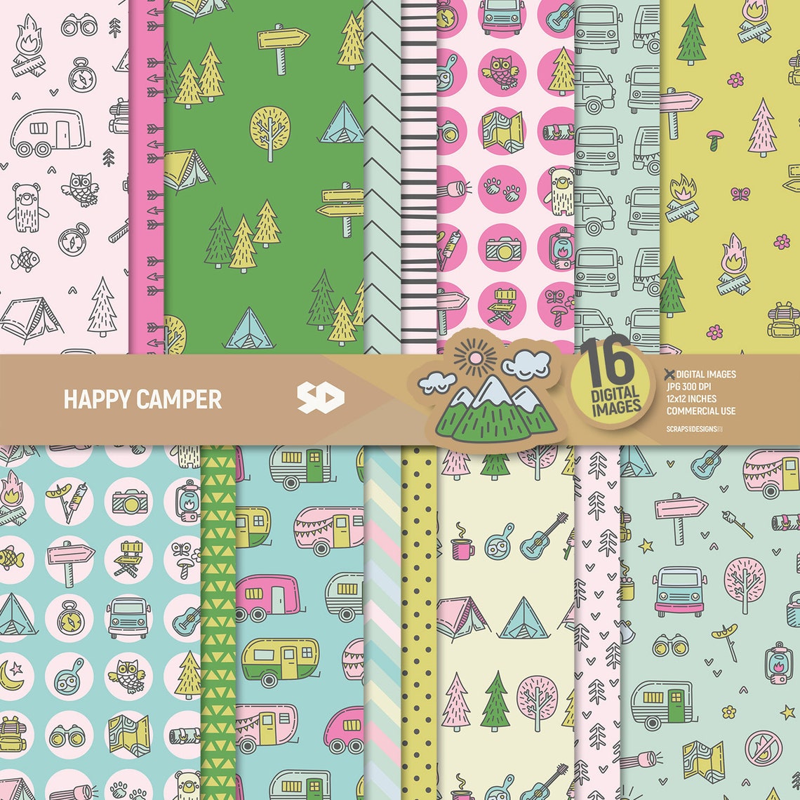 Happy Camper Digital Paper Pack Camping Scrapbook Pages - Etsy