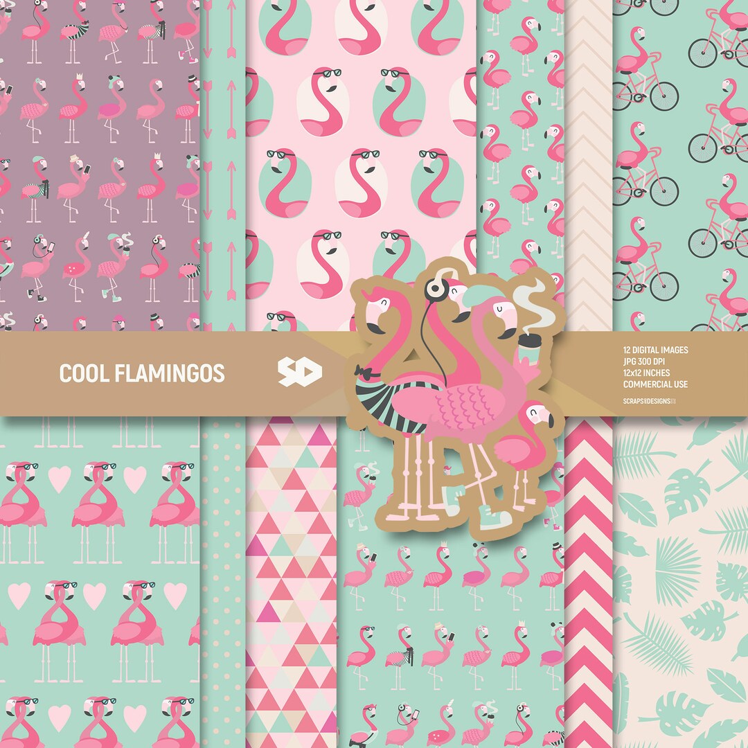 Cool Flamingos Digital Paper Pack. Flamingo Scrapbooking Pages, Summer ...