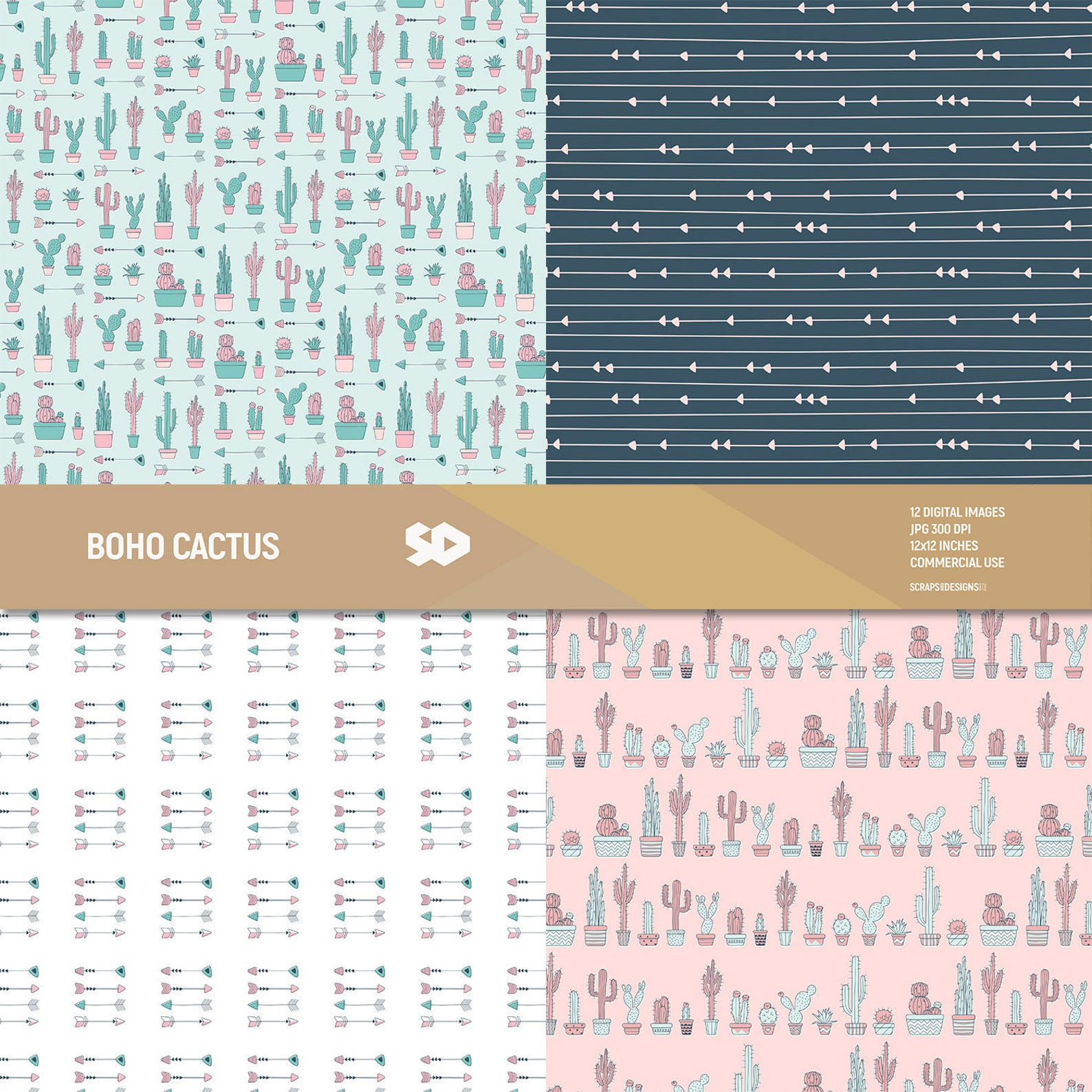 Boho Cactus Digital Paper Pack. Cactus Scrapbooking Pages - Etsy
