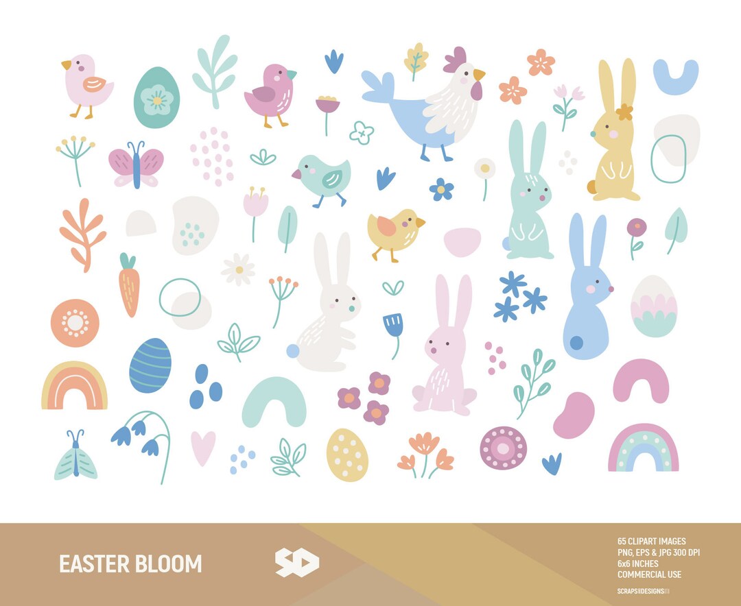 Easter Bloom Clipart, Bunny Clip Art, Boho Floral Clipart, Pastel ...