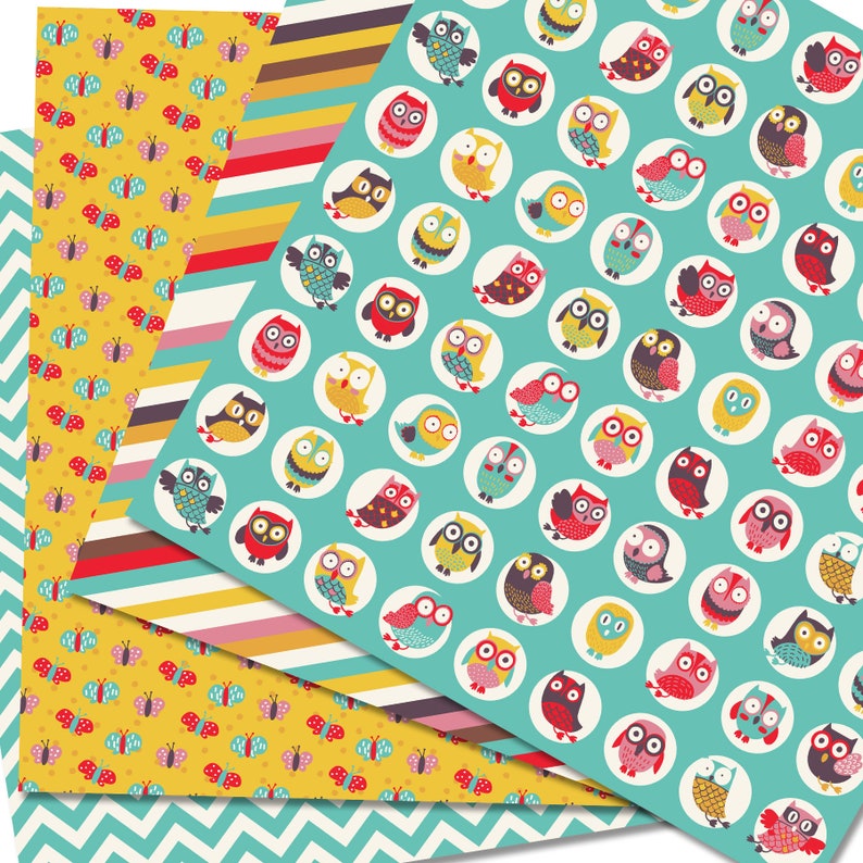 Happy Owls Digital Paper Pack, Owl Scrapbook Pages, Floral Patterns ...
