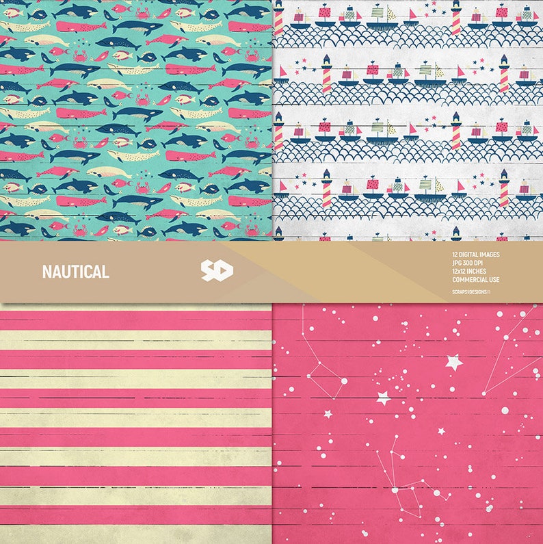 Nautical Digital Scrapbooking Paper Pack, Sea Paper Set, Navy Printable ...