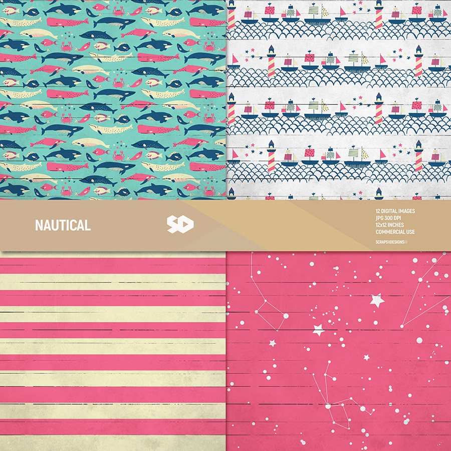 Nautical Digital Scrapbooking Paper Pack Sea Paper Set Navy - Etsy