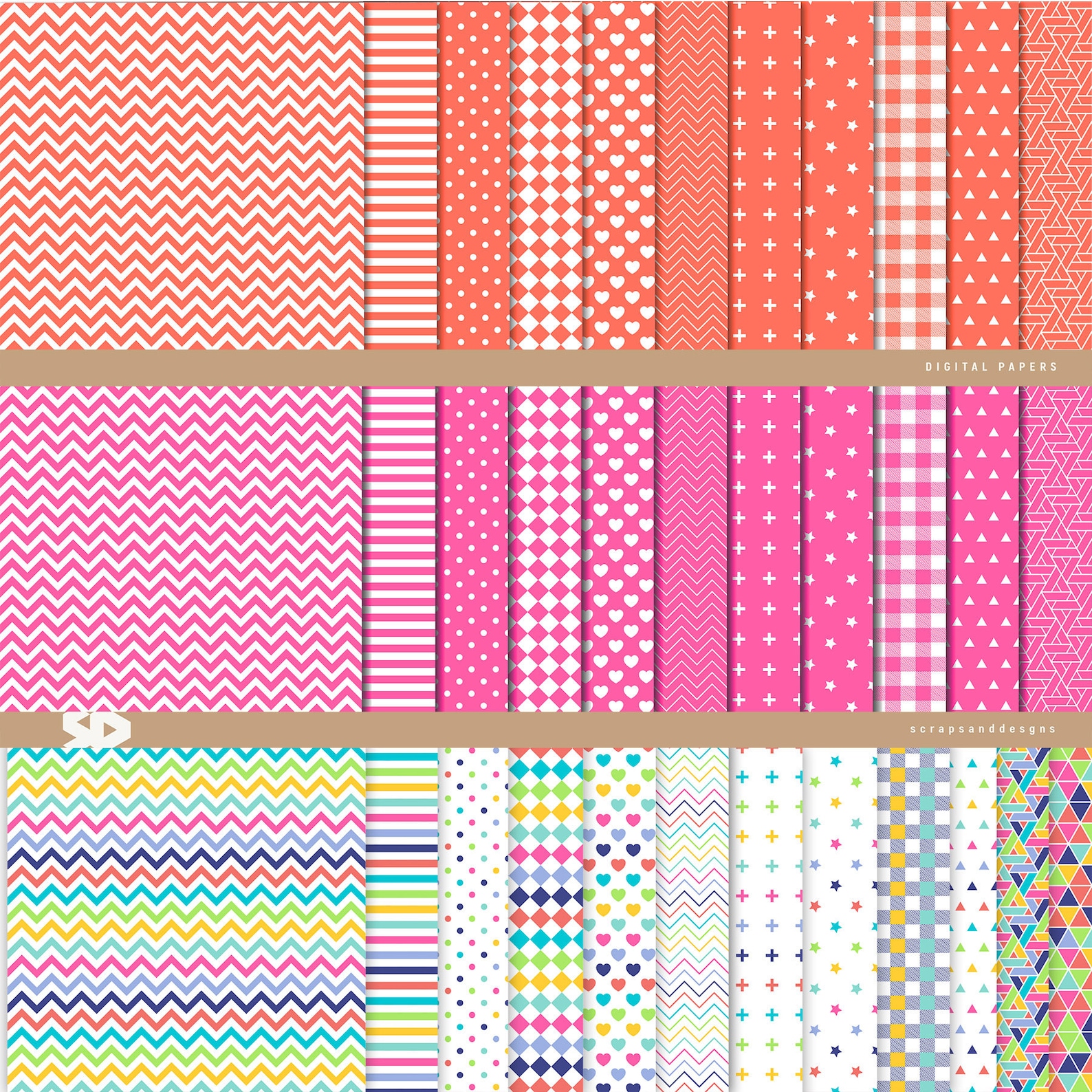 Essential Bright Colors Digital Paper Pack. 100 Papers. Patterns ...