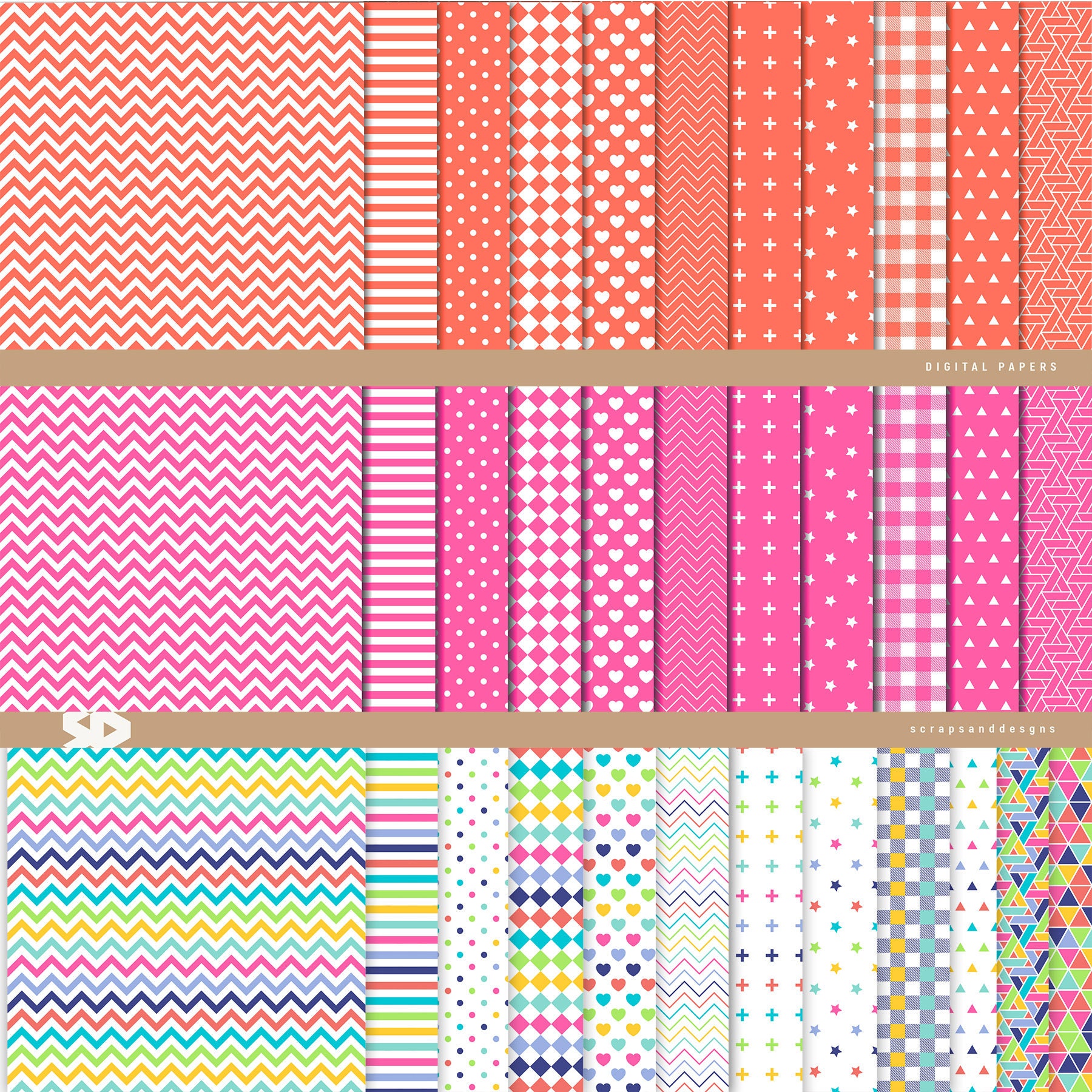 Essential Bright Colors Digital Paper Pack. 100 Papers. Patterns ...