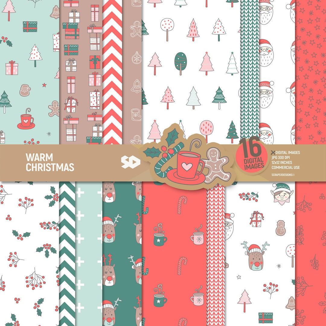 Warm Christmas Digital Paper, Santa Scrapbook Pages, Christmas Tree ...